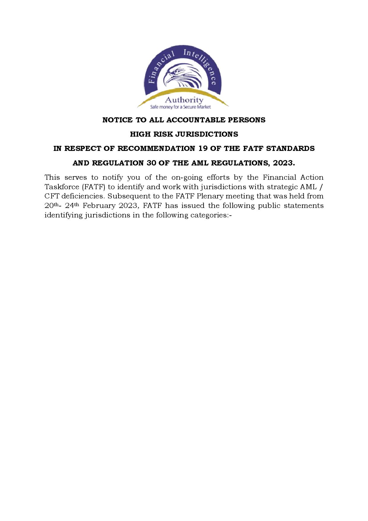 NOTICE TO ALL ACCOUNTABLE PERSONS - HIGH RISK JURISDICTIONS | Financial Intelligence Authority